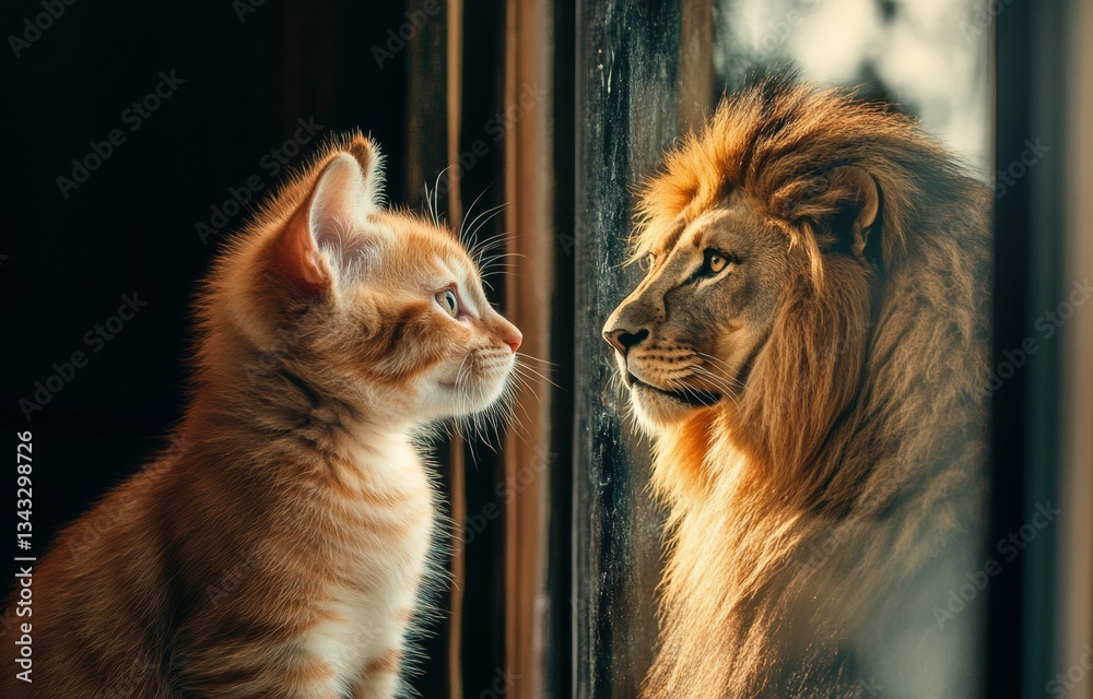 self esteem and personal growth of A small cat peers into a mirror, its ...