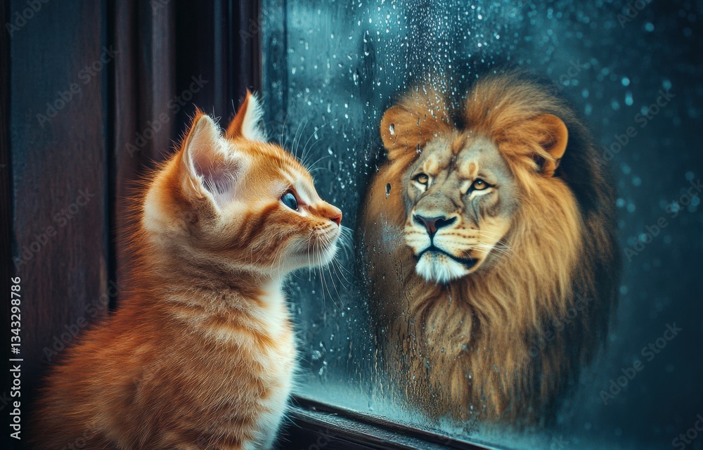 self esteem and personal growth of A small cat peers into a mirror, its ...