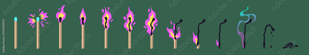 Set of steps of burning matchstick. Lightning of matches phases: spark ...