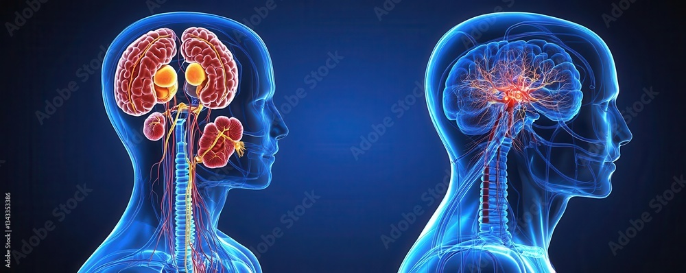 Endocrine system, glands labeled, hormonal pathways, 3D illustration ...