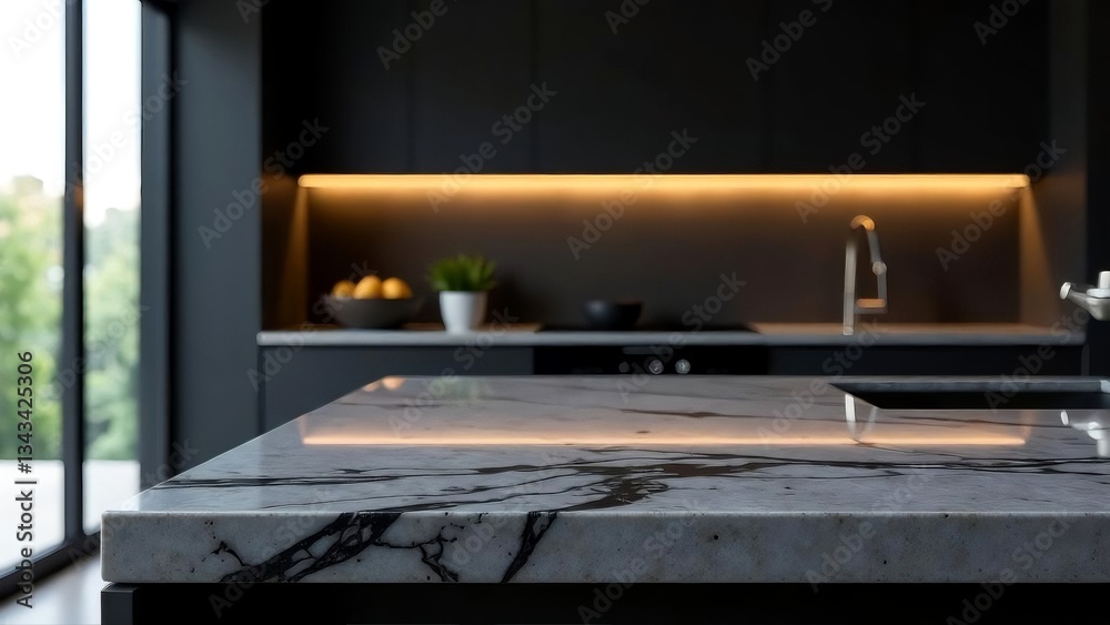Marble table top front view, blur minimalistic dark scandy kitchen ...