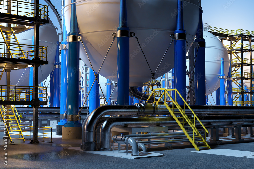 An industrial gas processing facility featuring large spherical storage ...