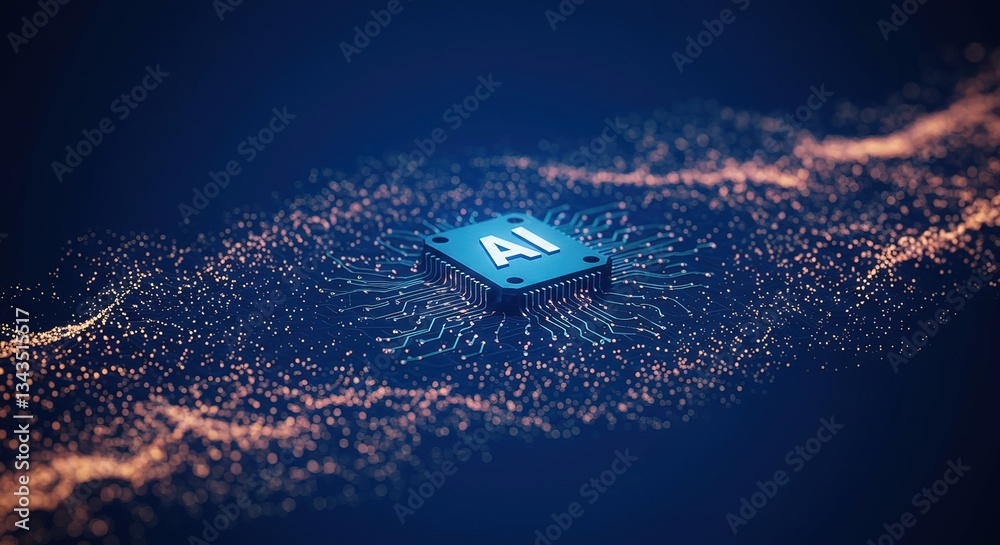 A close up of an ai chip on a circuit board with glowing orange ...