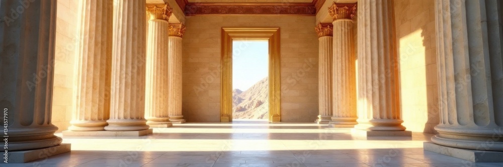 Ancient Greek temple architecture with golden frames and columns on a ...