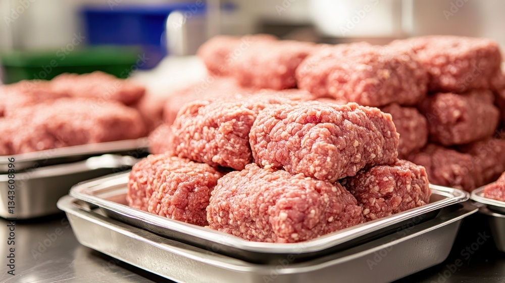 Neatly stacked trays of ground turkey in a commercial meat processing ...