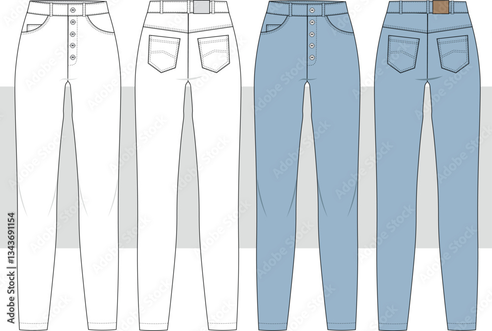 Slim fit, high waist denim technical drawing vector, women boho style ...