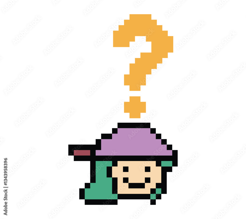 Cute pixel cartoon character woman with question mark decoration 8 bit ...