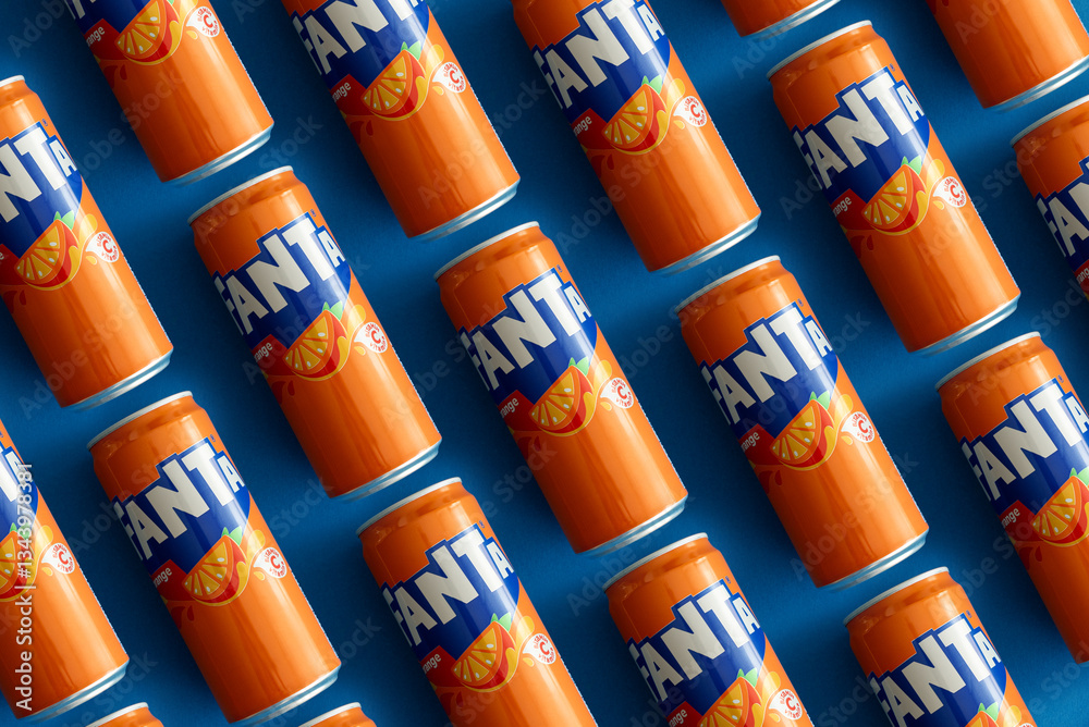 Lviv, Ukraine - February 26, 2025: Close-up of Fanta Orange drink cans ...
