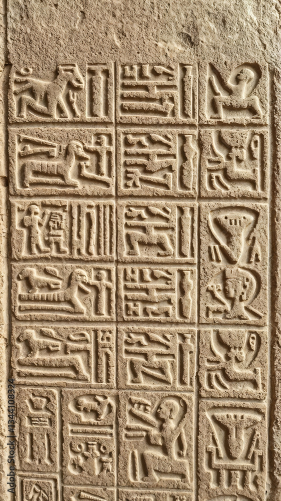 Ancient Egyptian hieroglyphic slab, stone texture with ancient symbols ...