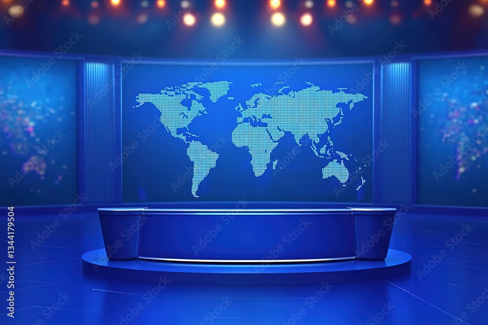 Modern Blue News Studio Set Design with World Map Background for ...