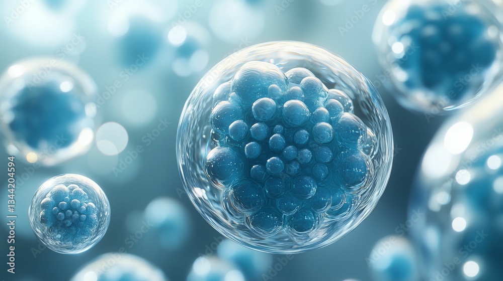 Close-up of blue exosome particles inside transparent spheres ...