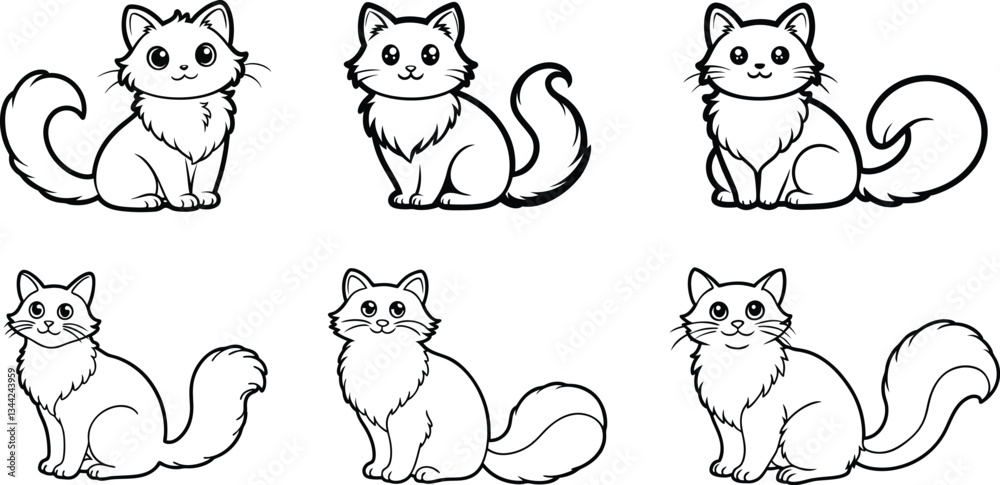 set of funny cats, set of cats coloring book pages line art for ...