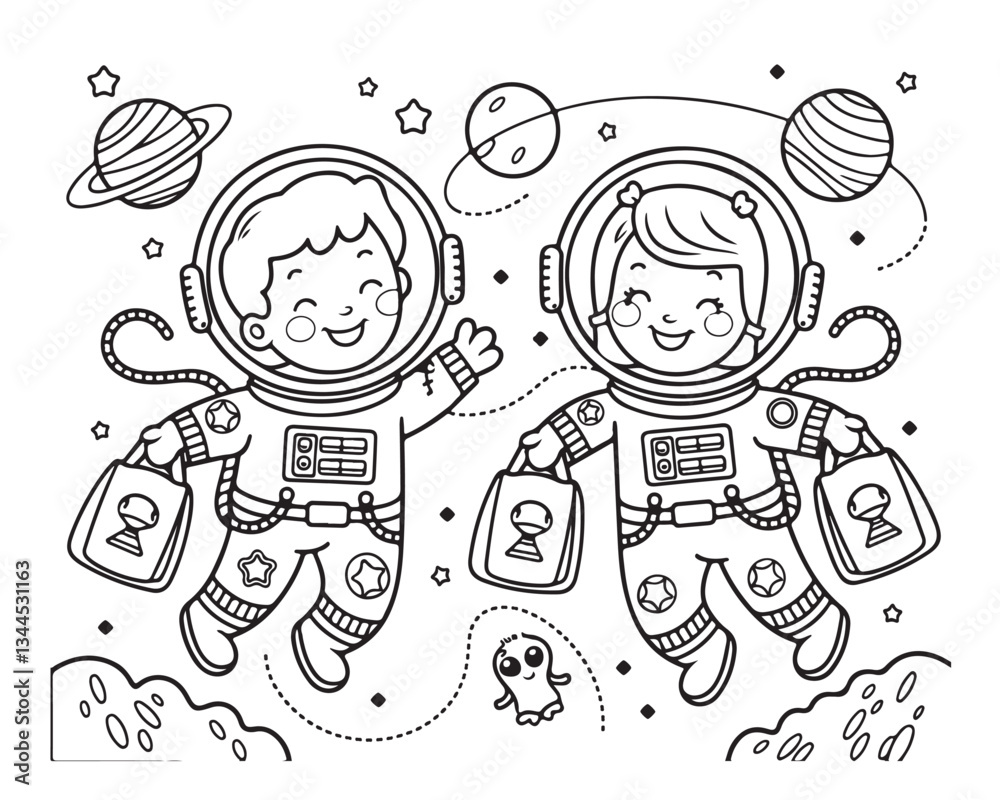 Boy & Girl Space Line art, Holding Bag Adventure Coloring Page ...