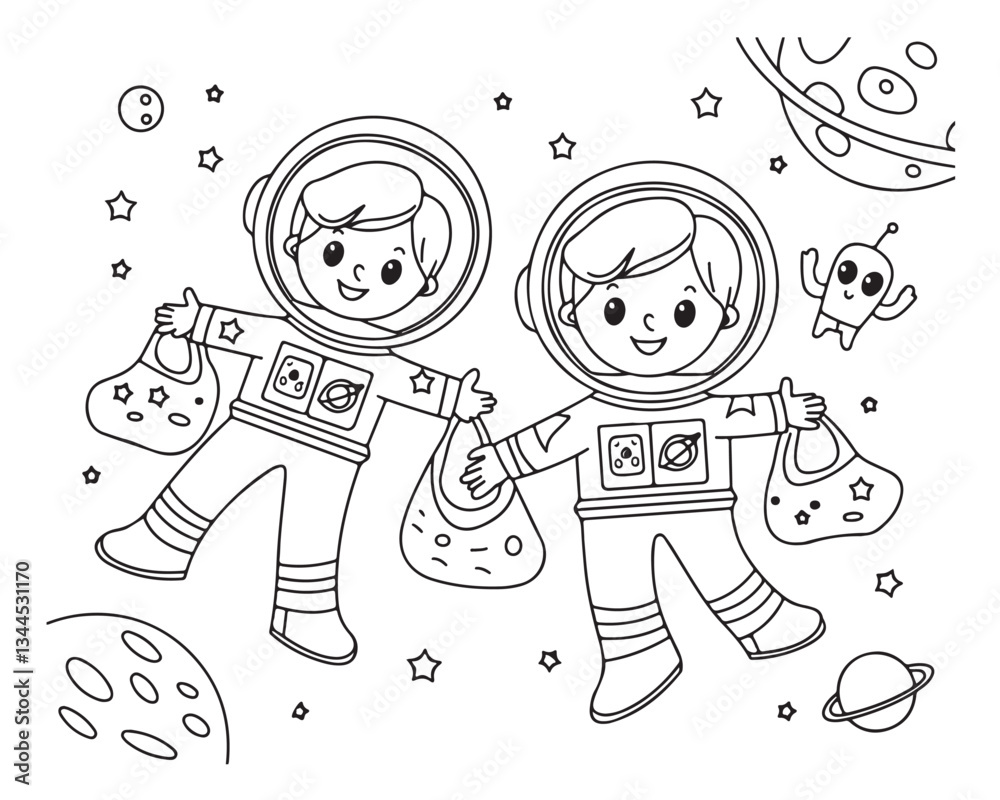 Boy & Girl Space Line art, Holding Bag Adventure Coloring Page ...