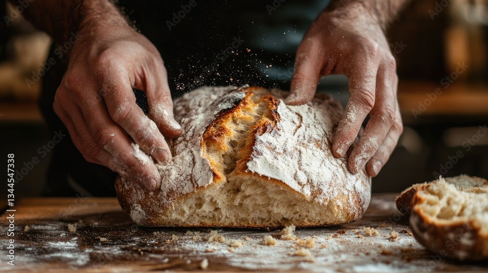 Hands breaking apart a freshly baked loaf, revealing the soft, airy ...