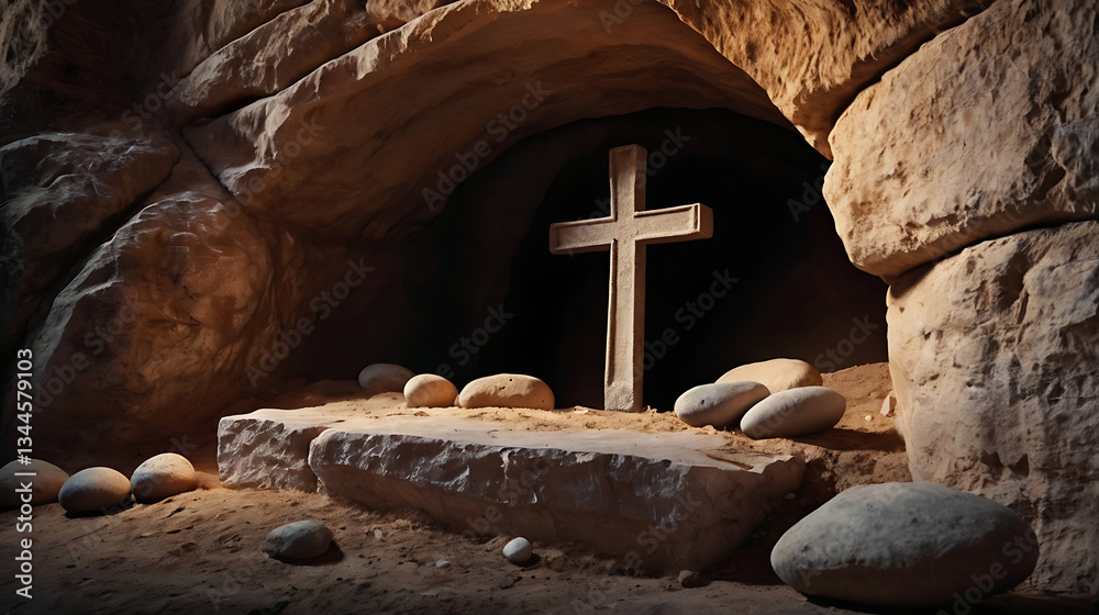 Good Friday and Easter. Empty Tomb with Cross Symbolizing Jesus Christ ...