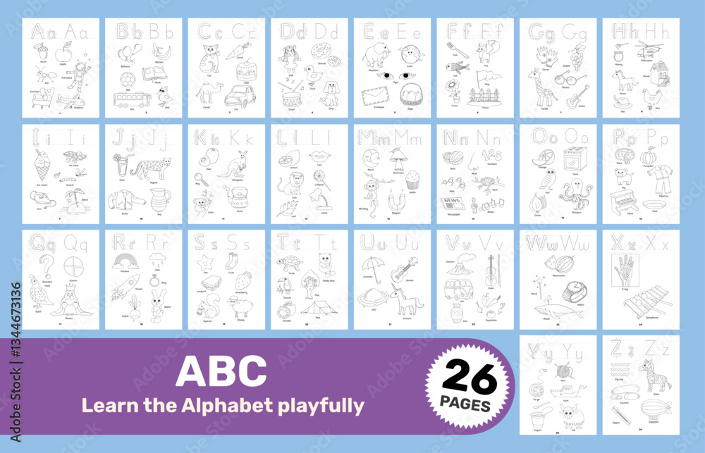 ABC tracing and coloring pages A to Z for Kids – 26 Vector Worksheets ...