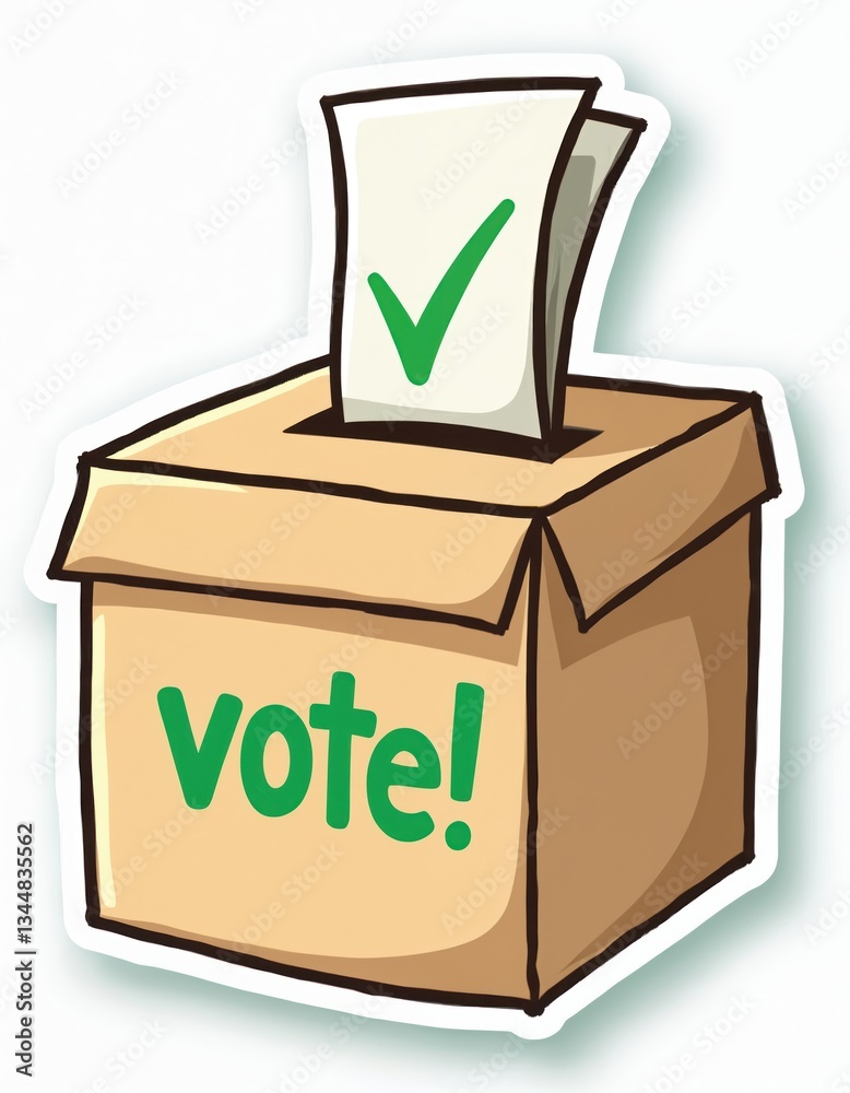 Cartoon sticker of ballot box with vote paper and green check mark ...