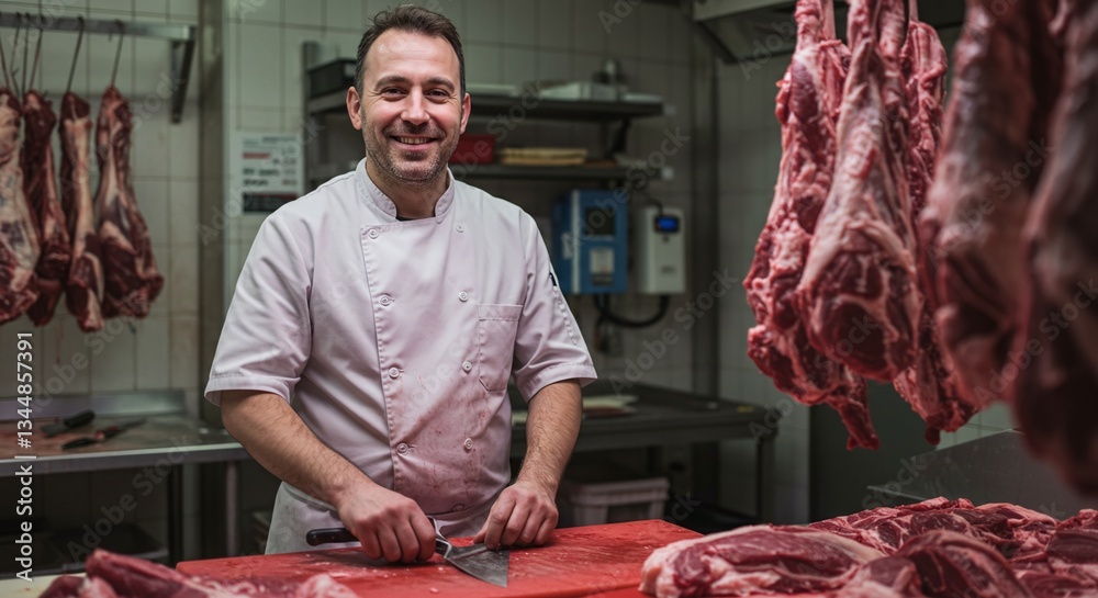 Stock-Foto „Butcher's Craft: A smiling butcher stands proudly in his ...