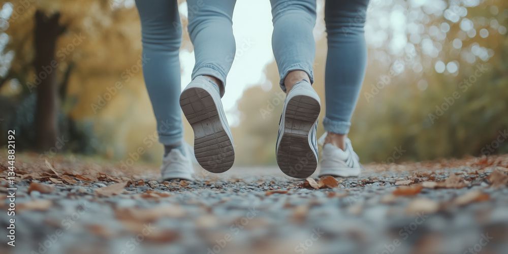 Couple’s Legs in Running Shoes Landing on a Gravel Trail, Capturing the ...