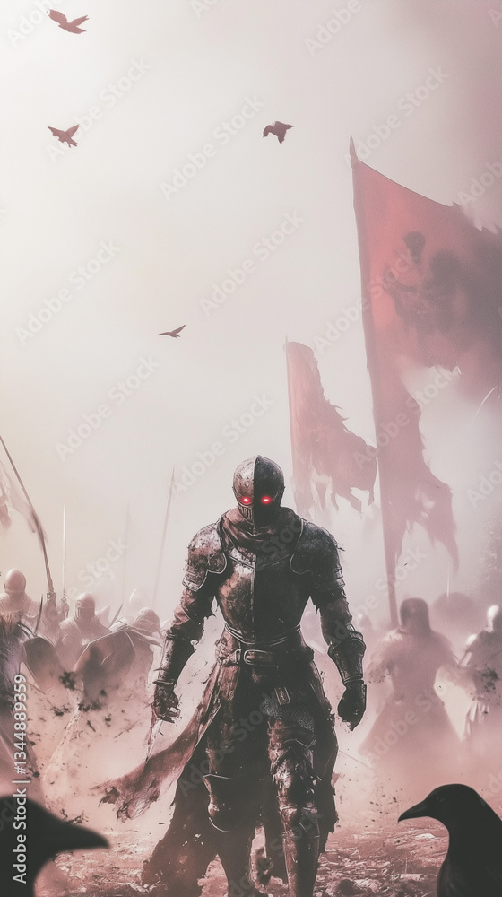 Battle-worn dark knight in jagged black armor stands atop a ruined ...