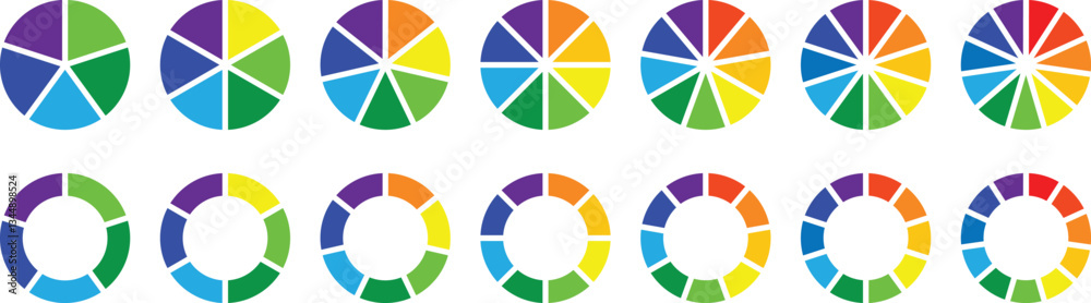 Pie chart set, segmented circle icons. Circle pie chart diagram. Pie ...