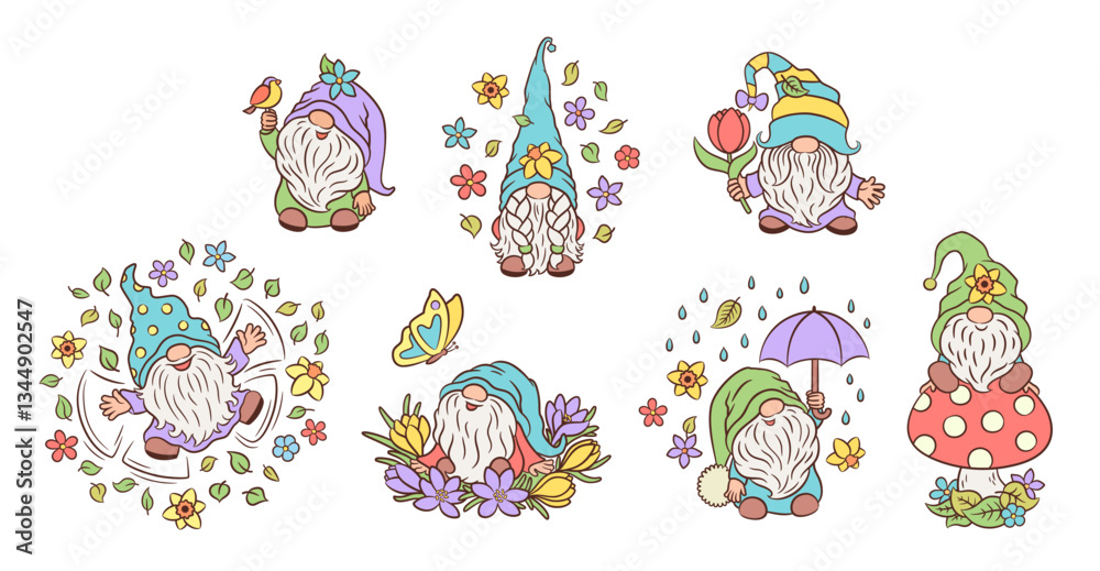 Cute garden gnomes spring clipart. Fun character set cartoon vector ...