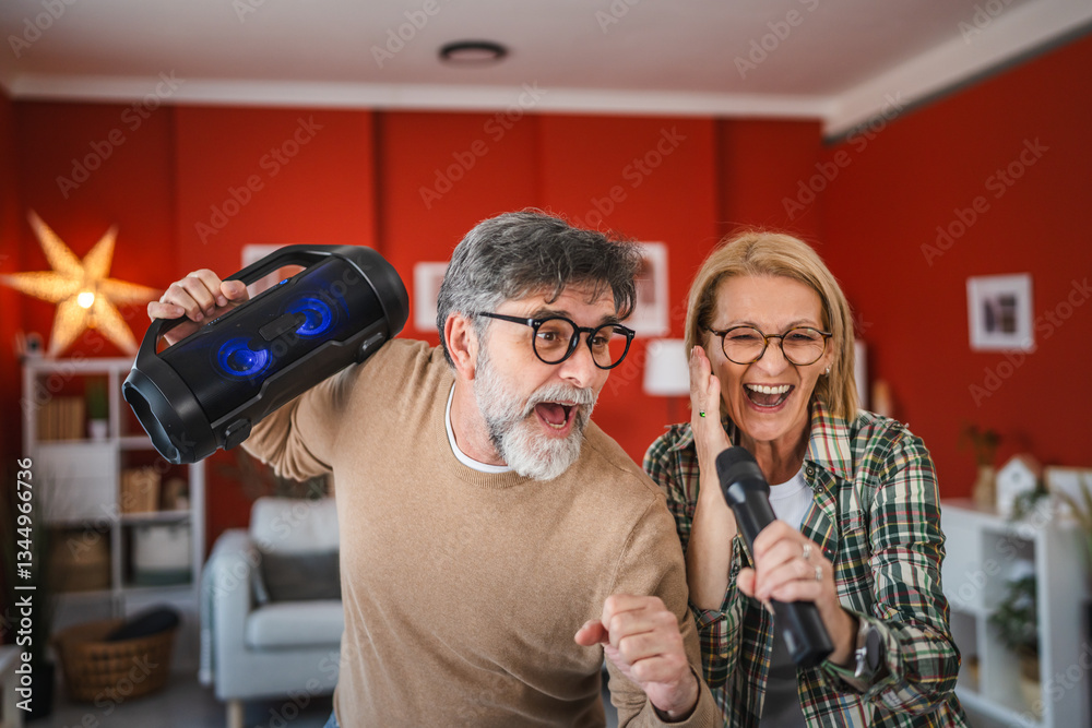 Couple Husband And Wife Sing And Dance Have Karaoke Party At Home Stock
