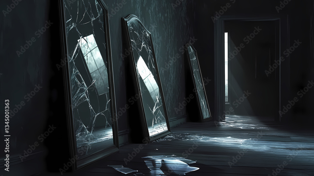 Eerie broken mirrors reflecting ghostly images in a haunting dark ...