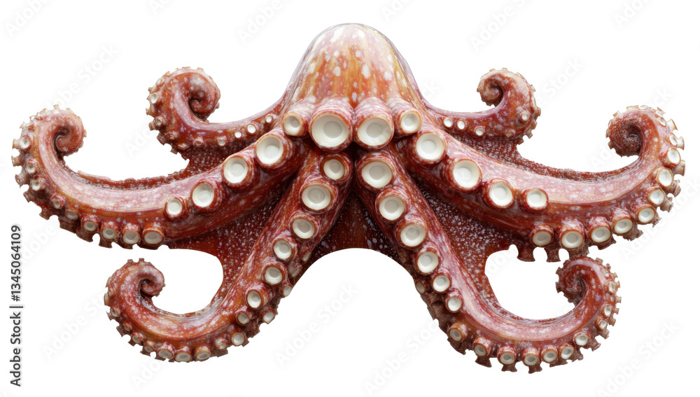 Detailed studio shot of a vibrant red octopus with curled tentacles on ...