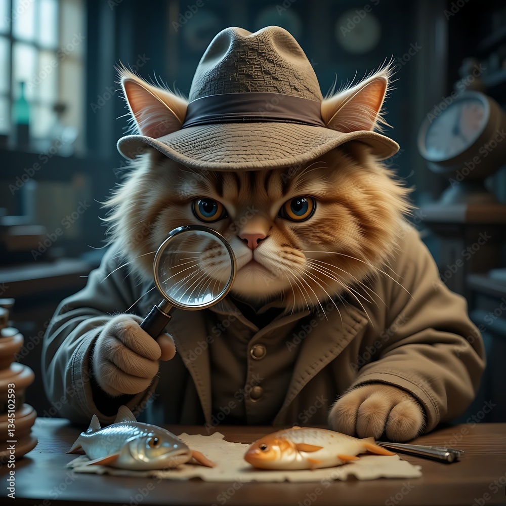 Grumpy detective cat in a trench coat and hat investigating a stolen ...