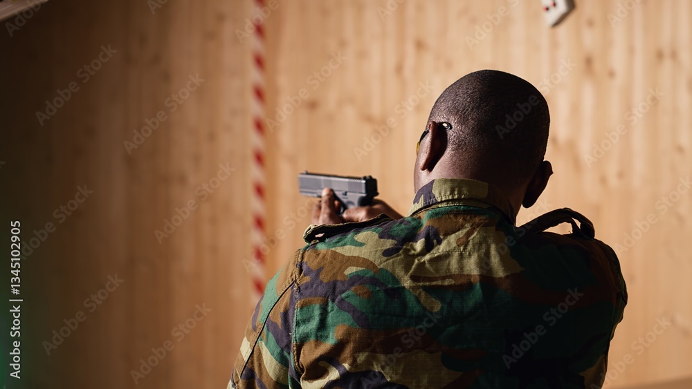 Soldier in shooting range reloads pistol, shooting target, celebrating ...