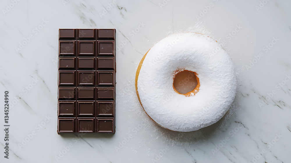 Chocolate bar and donut on marble healthy vs unhealthy food choice ...