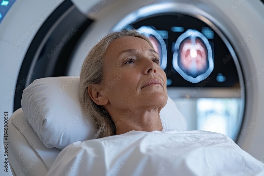 An older woman is relaxed in a CT scan room, with brain scans displayed ...