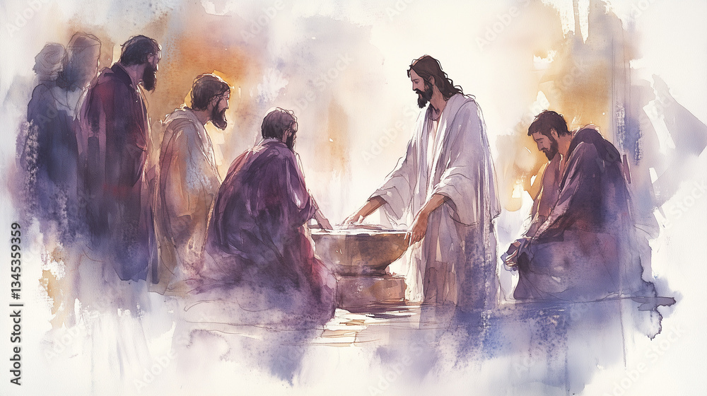 Watercolor Painting of Jesus Washing the Disciples’ Feet on Maundy ...