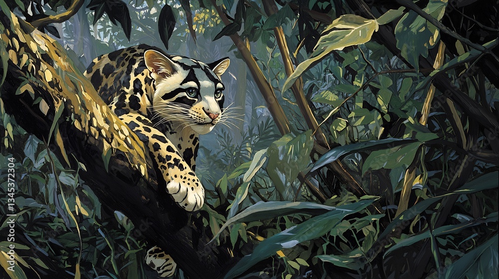 Ilustración de Stock Rare clouded leopard slinking through the dense ...