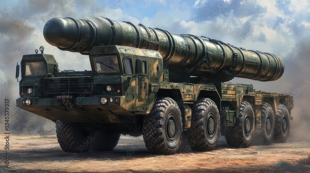 Massive, military missile launcher. Large, powerful, ground-based ...