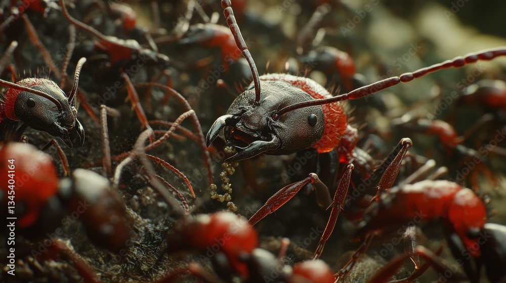 Ultra detailed close-up of ant colony working together carrying food ...