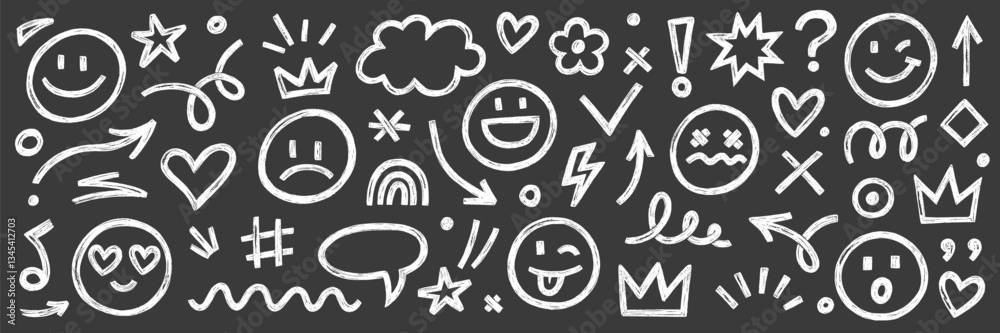 Smile brush hand drawn vector element set. Emoji fun face, heart, crown ...