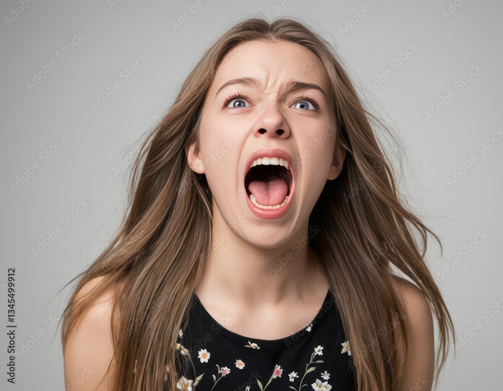 Angry teenage girl screaming with wide open mouth, emotional young ...