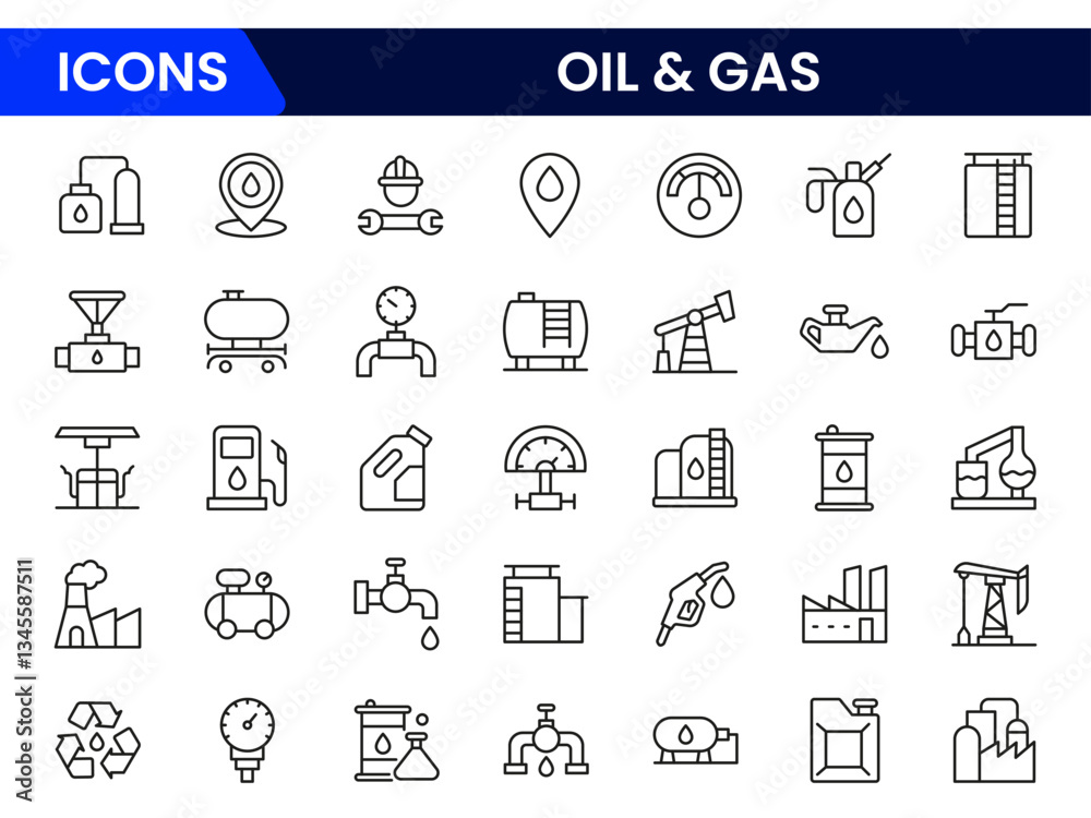 Oil and Gas icon set. Containing fuel, refinery, petroleum, oil well ...