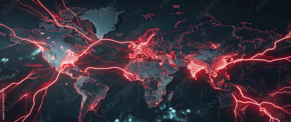 Global network map displays real-time cyber attacks as red lightning ...