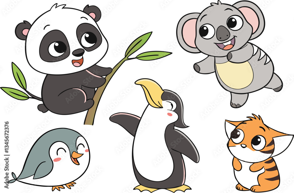 Cartoon illustration of a panda, penguin, koala, dolphin, and tiger on ...