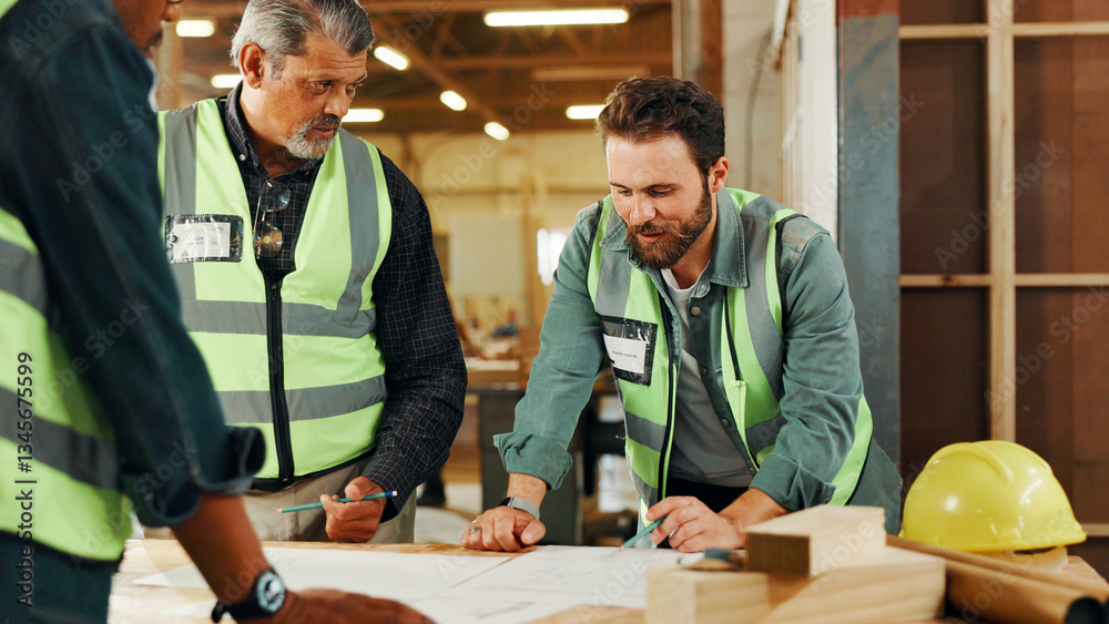 Carpentry, teamwork and men in workshop with documents for furniture ...