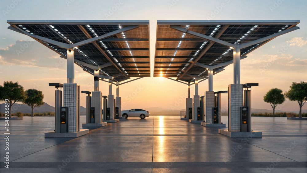 modern electric vehicle charging station with solar panel canopies ...