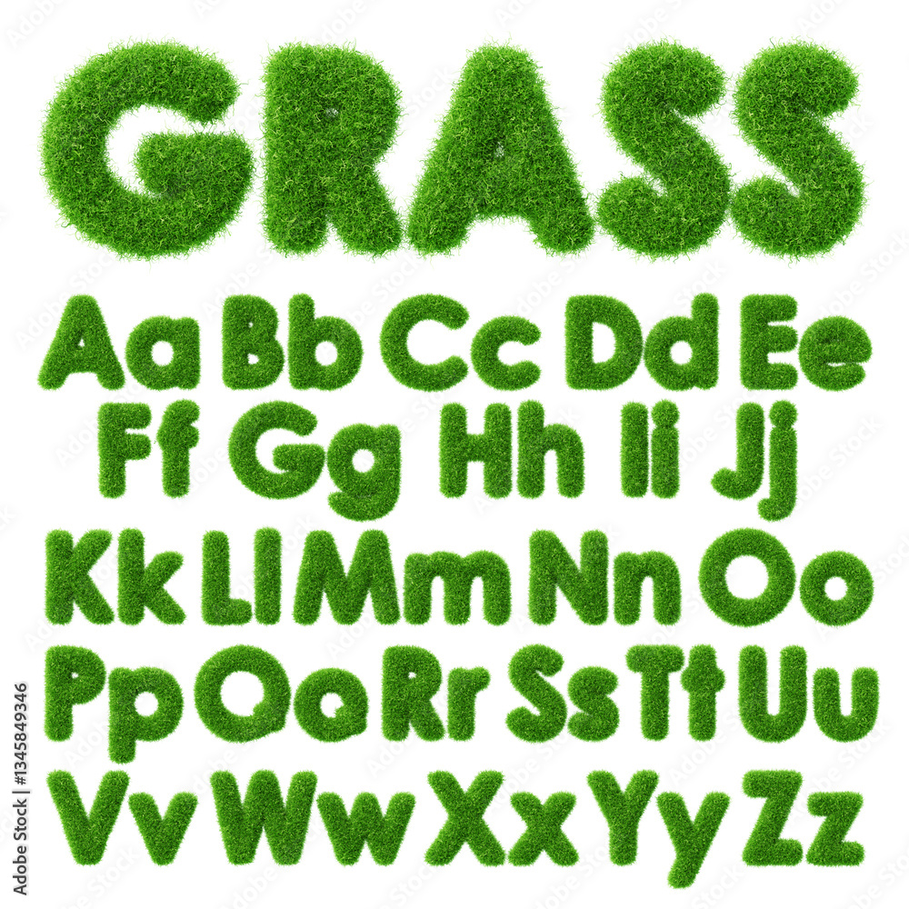 3d grass text with green fluffy font of English ABC alphabet. Fresh ...
