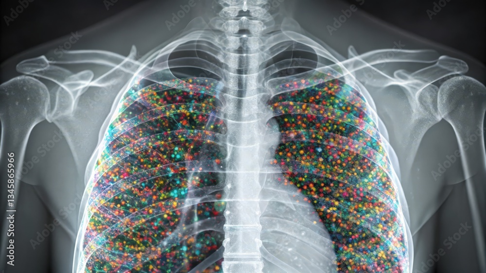 Health Impact of Microplastics, A lung X-ray overlaid with digital ...