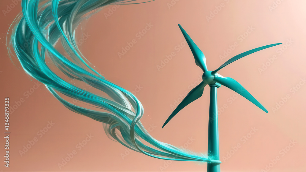 ESG 3D concept. Wind turbine with flowing lines symbolizing energy and ...