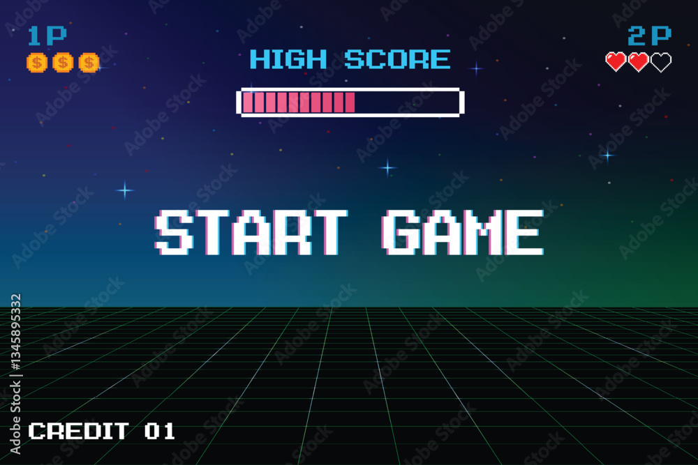 GAME START. Retro cyberpunk style 80s game scene pixel art 8-bit sci-fi background. glowing neon ...