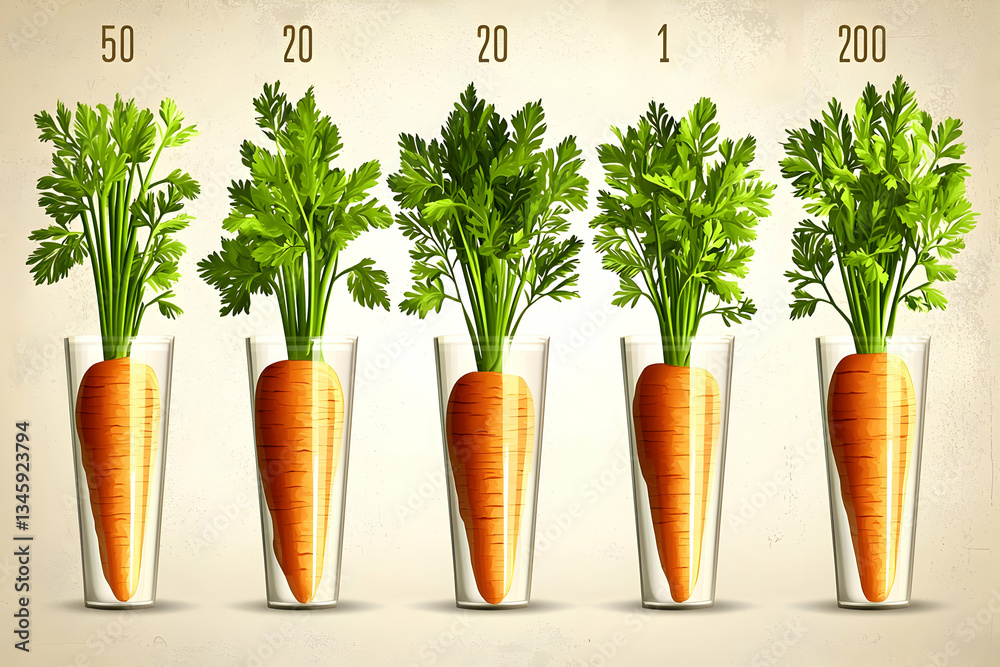 Carrot growth stages in glasses, farm background, educational chart ...